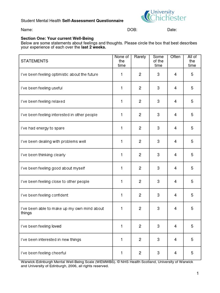 Self-Assessment Form Mental Health Scale | PDF | Mental Health ...