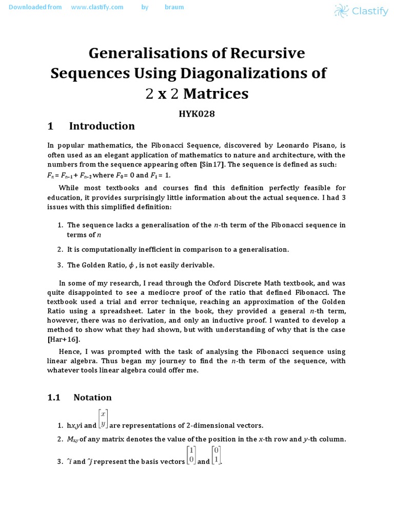 Generalisations of Recursive Sequences Using Diagonalizations of 2 X 2 Matrices | PDF ...