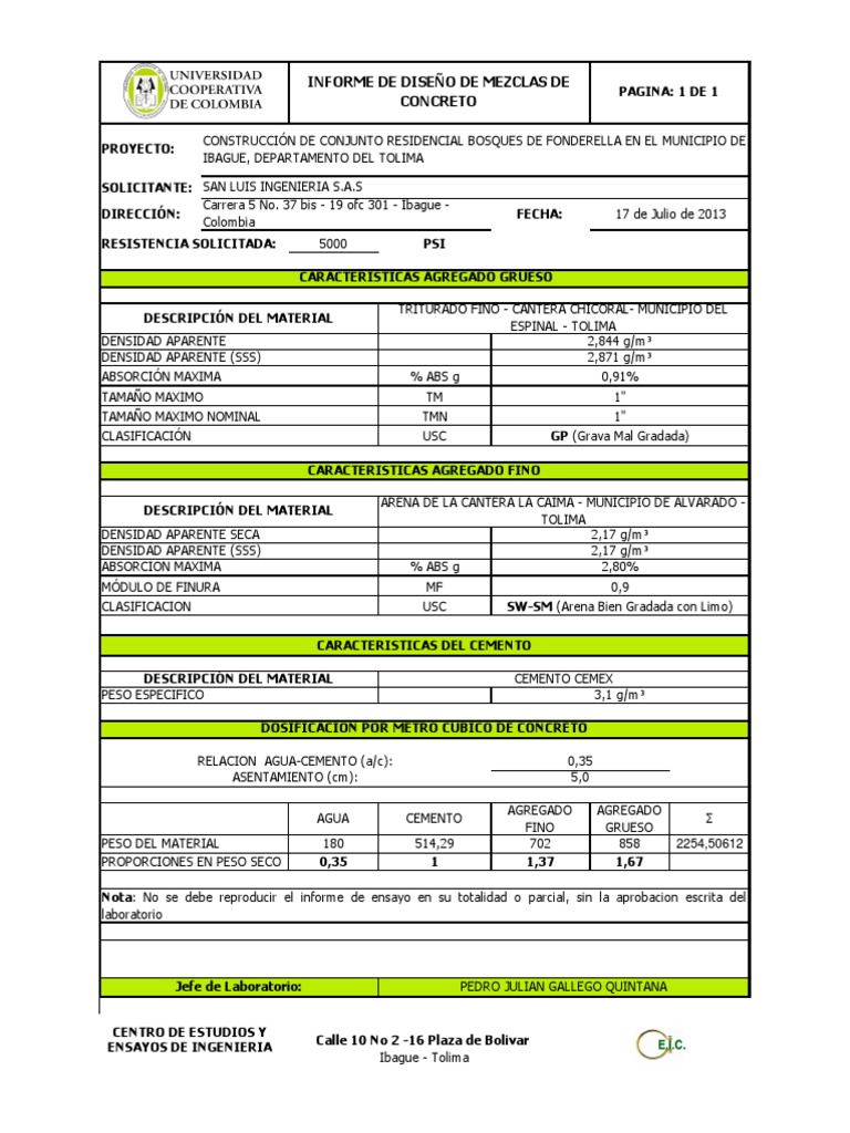 Dosificación de Concreto 5000 PSI | PDF | Hormigón | Materiales naturales