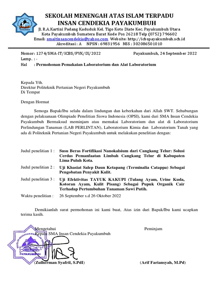 Permohonan Laboratorium OPSI SMA IC Payakumbuh | PDF