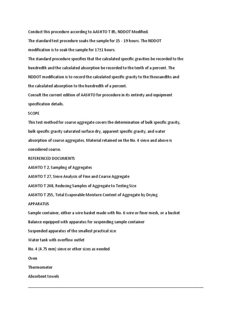 Specific Gravity of Coarse Aggregate (AASHTO T 85) | PDF | Chemistry ...
