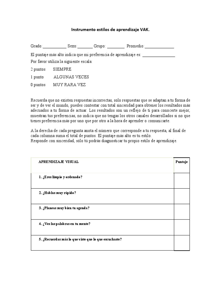 Test VAK Modificado y Adaptado | PDF | Aprendizaje | Cognición