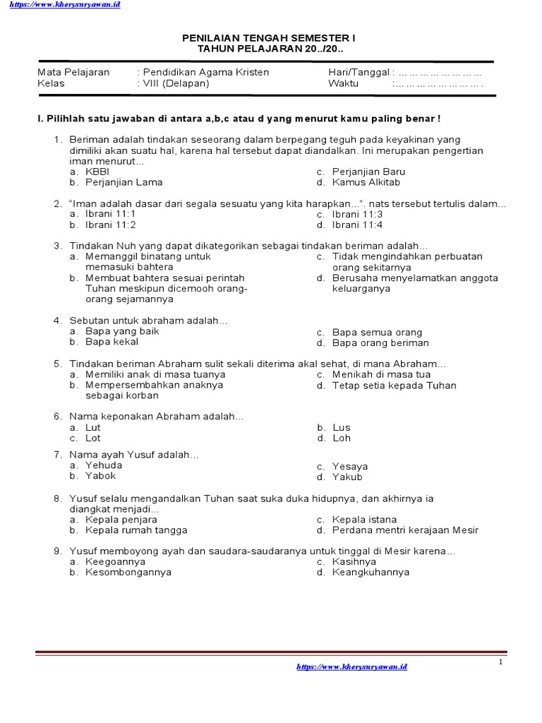 Soal PTS PAK Kelas VIII Ganjil - WWW - Kherysuryawan.id | PDF