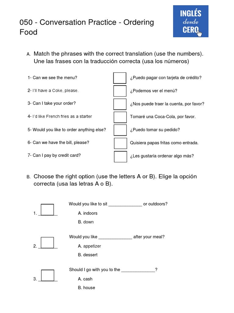 050 Conversation Practice Ordering Food Ejercicios Download | PDF ...