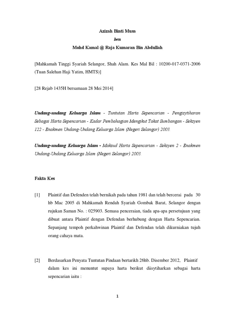 Azizah Binti Musa Vs Mohd Kamal at Raja Kumaran Bin Abdullah - 10200 ...