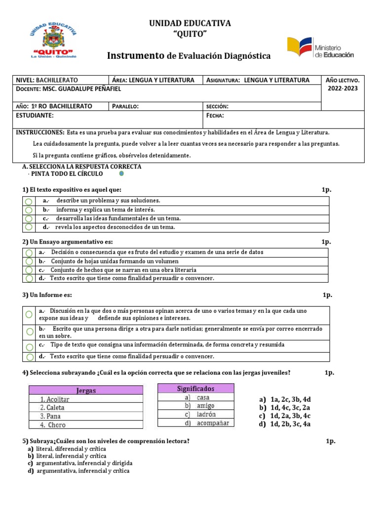 Evaluación diagnóstica de Lengua y Literatura para 1ro de Bachillerato ...