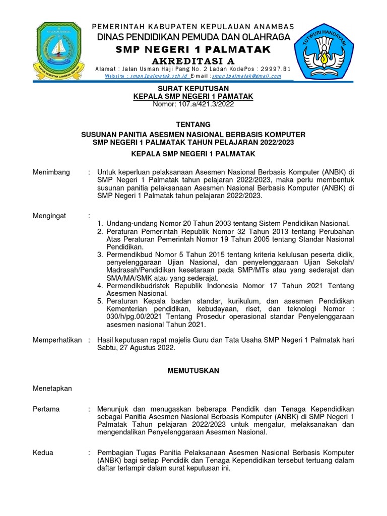 SK PANITIA ANBK SMPN 1 Palmatak | PDF