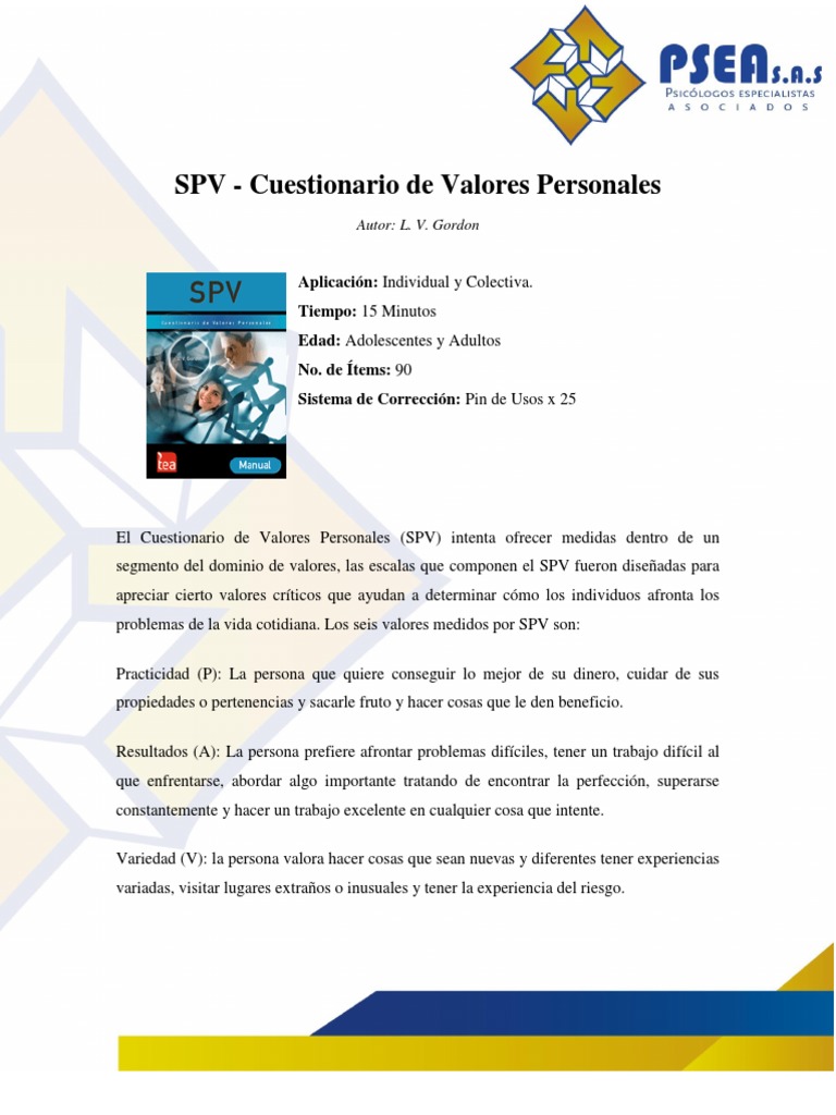 SPV Cuestionario de Valores Personales | PDF | Relaciones personales, crianza y desarrollo ...