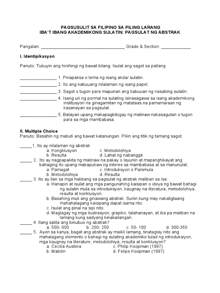 Pagsusulit Sa FIlipino Piling Larang by Group 1 | PDF