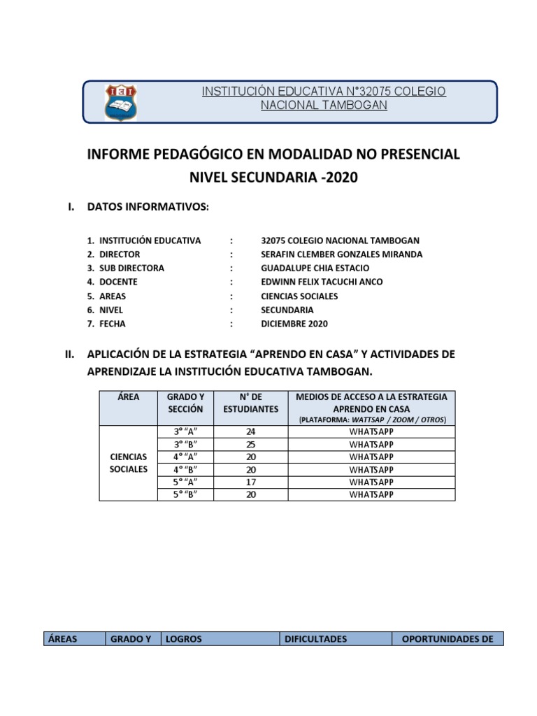 Informe Pedagógico Secundaria Prof. Edwin Tacuchi Anco | PDF | Método ...