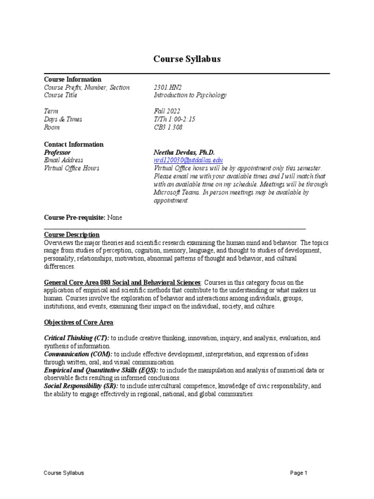 Psychology Syllabus: Fall 2022 | PDF | Psychology | Thought