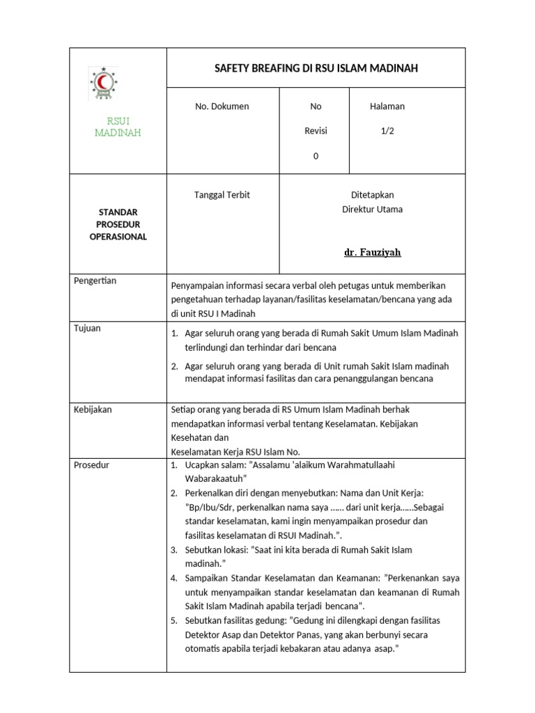 Safety Briefing RS Islam Madinah | PDF