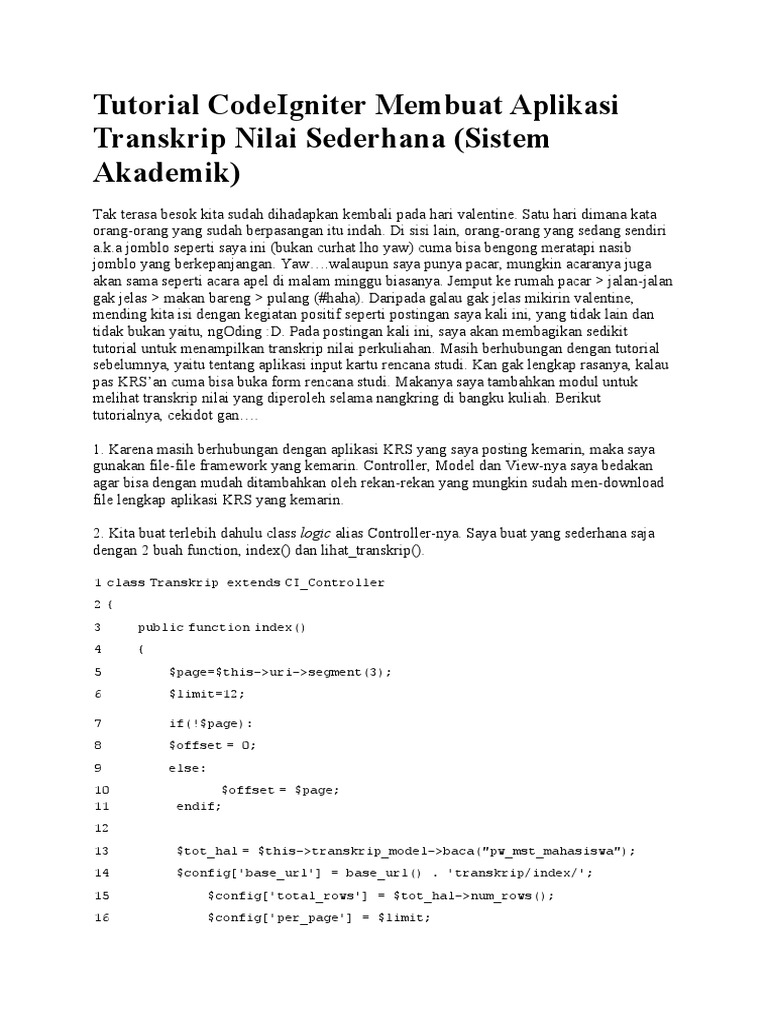 Tutorial CodeIgniter Membuat Aplikasi Transkrip Nilai Sederhana | PDF