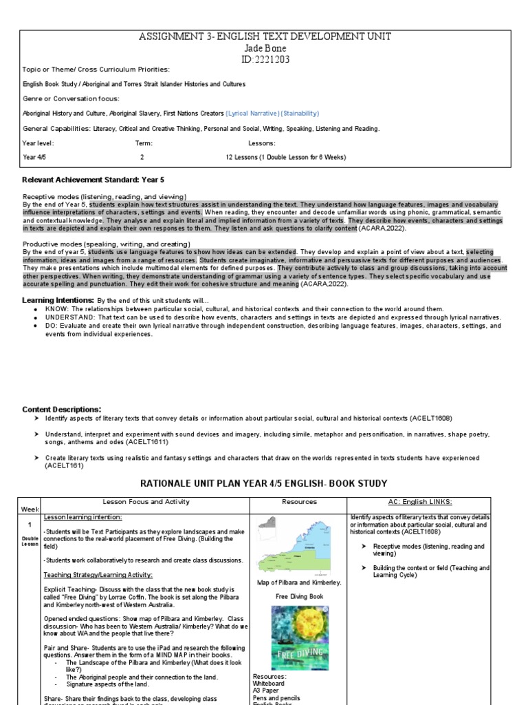 Assignment 3 English Unit Plan | PDF | Educational Assessment | Narrative