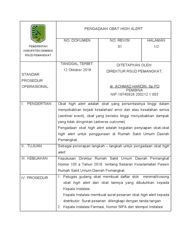 Prosedur Pengadaan Obat High Alert RSUD Pemangkat | PDF | Pengembangan Diri