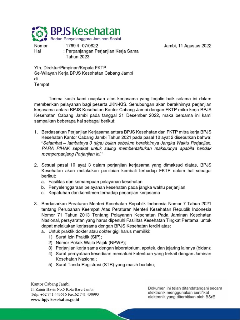 Surat Perpanjangan FKTP Kerjasama Tahun 2023 | PDF