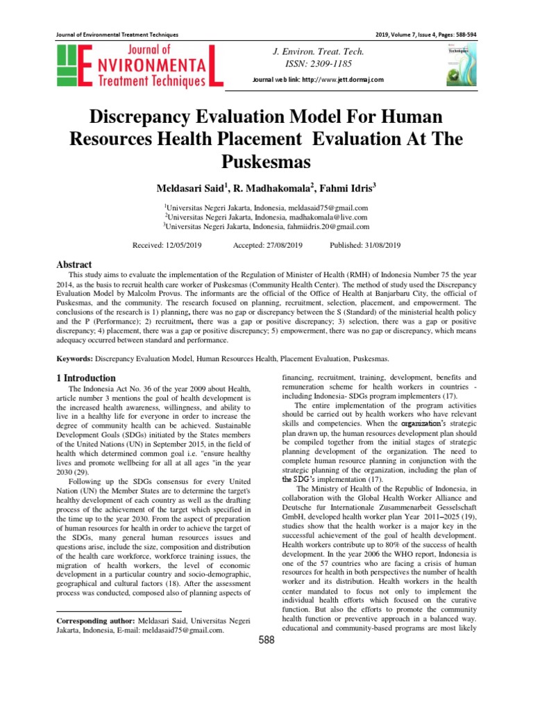 Discrepancy Evaluation Model For Human Resources Health Placement ... Discrepancy Evaluation Model For Human Resources Health Placement ...