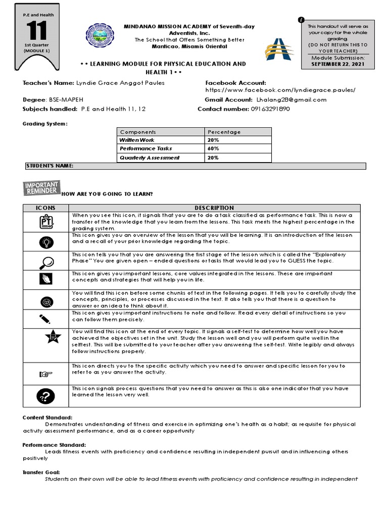 1st Quarter Module 1 GRADE 11 P.E and Health 2021 2022 2 | PDF ...