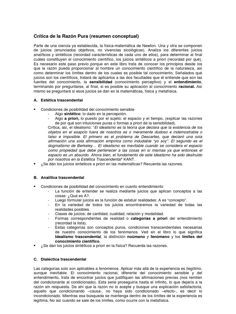 Kant CRP CRPR Resumen | PDF | Crítica de la razón pura | Conocimiento