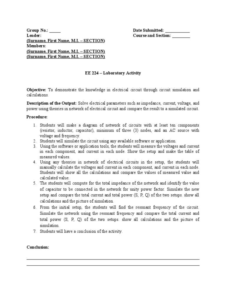 Ee224 Laboratory 1 | PDF | Electrical Network | Electrical Impedance