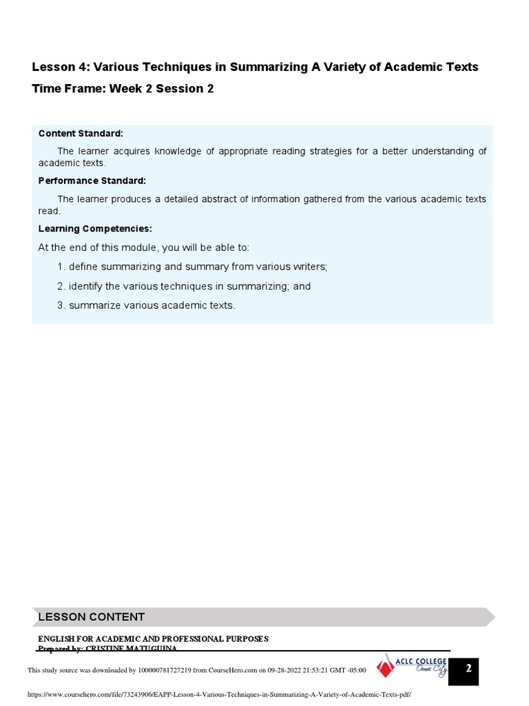 EAPP Lesson 4 Various Techniques in Summarizing A Variety of Academic Texts PDF | PDF ...