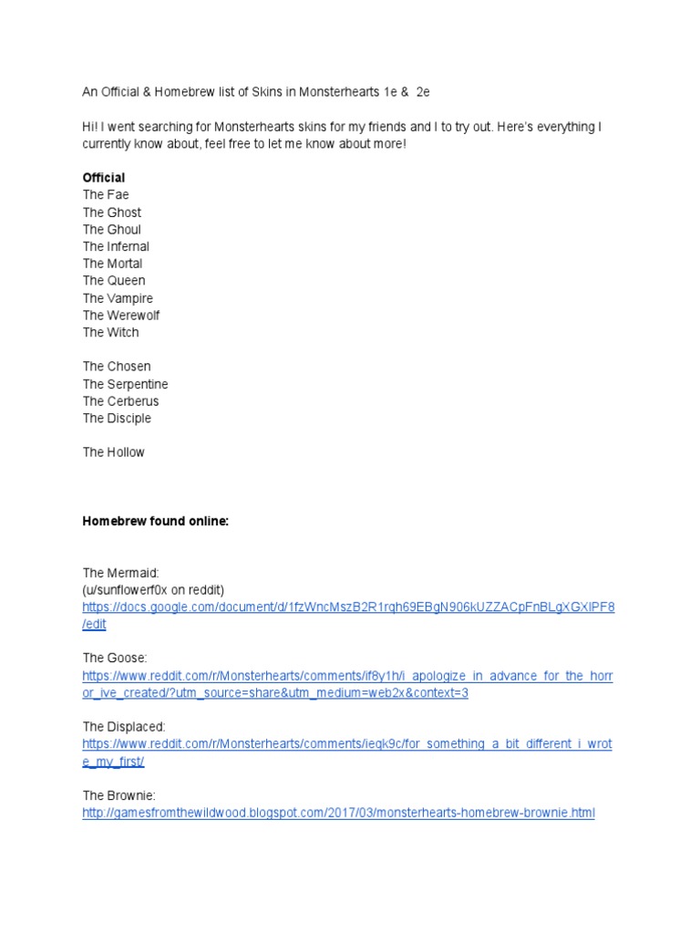 Monsterhearts Skin Masterlist | PDF | Legendary Creatures | Supernatural Legends