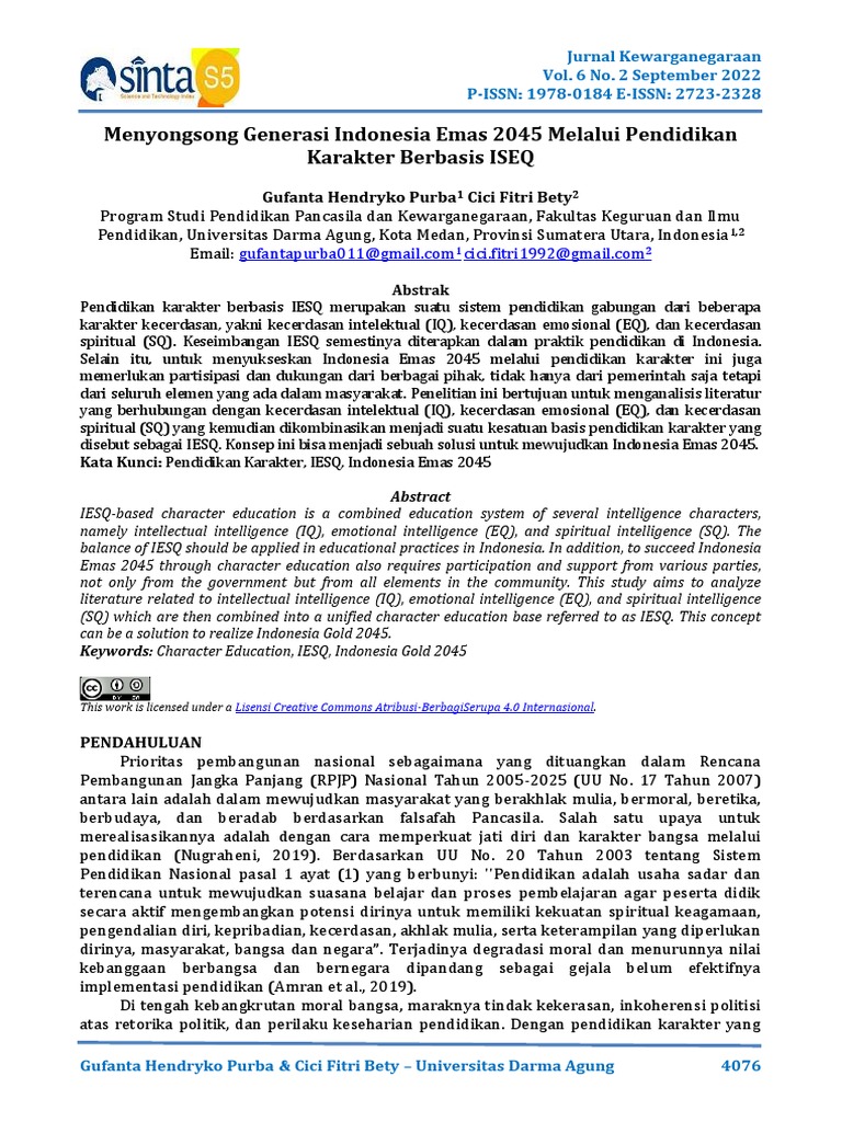 Menyongsong Generasi Indonesia Emas 2045 Melalui Pendidikan Karakter Berbasis ISEQ | PDF