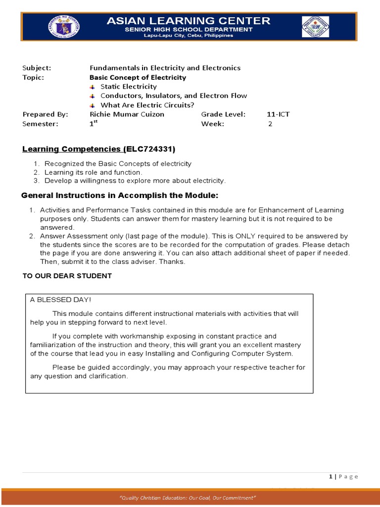 Fundamentals of Elctricity and Electronics Week 1 | PDF | Electrical ...