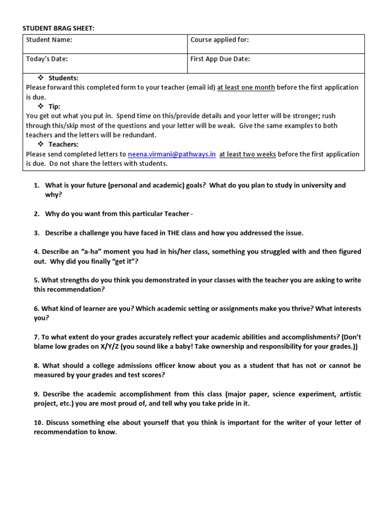 Blank Teacher Brag Sheet | PDF