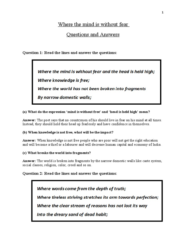 Where The Mind Is Without Fear Questions and Answers | PDF | Mind | Thought