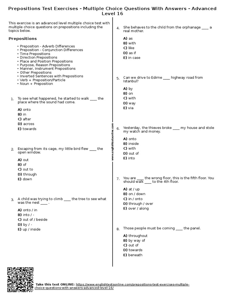 515 Prepositions Test Exercises Multiple Choice Questions With Answers ...