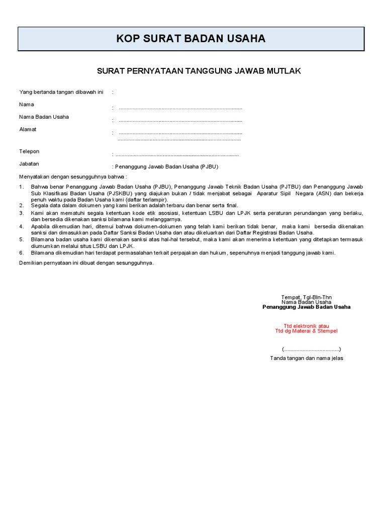 Format Surat Pernyataan Tanggung Jawab Mutlak, Daftar TKK, Lampiran KTA DLL | PDF