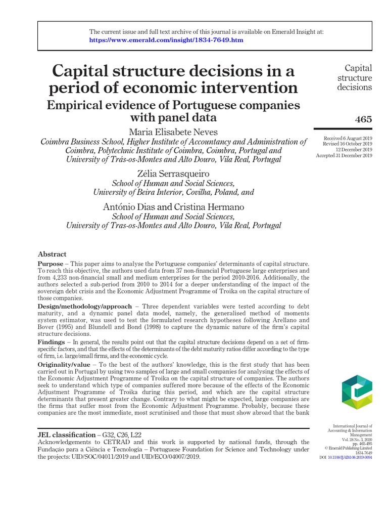 Capital Structure Decisions in A Period of Economic Intervention Empirical Evidence of ...