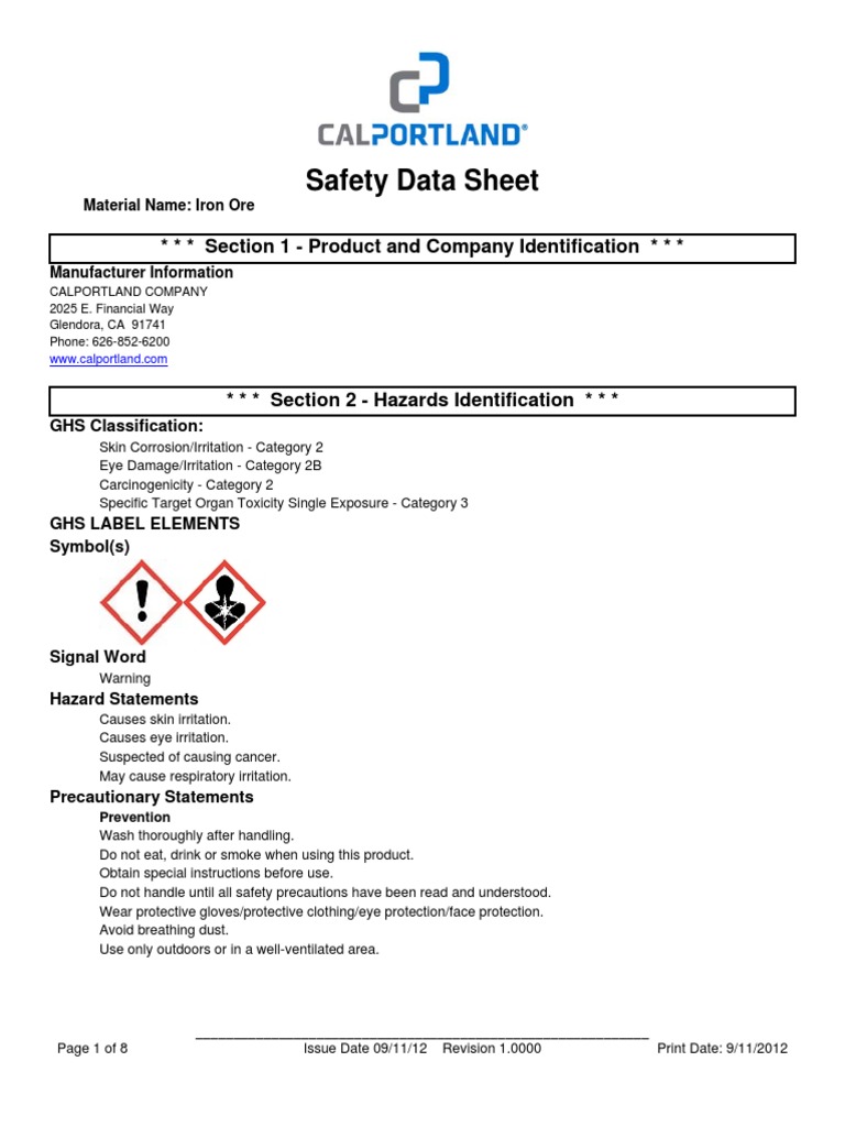 Iron Ore, MSDS | PDF | Personal Protective Equipment | Toxicity