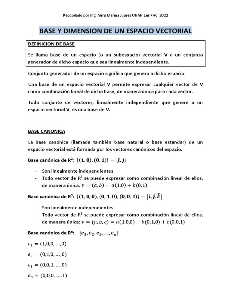 6-Base y Dimension de Un Espacio Vectorial | PDF | Base (álgebra lineal) | Espacio vectorial