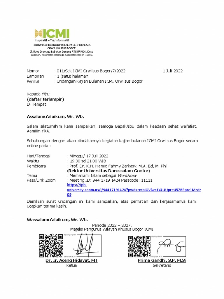 Surat Undangan Kajian Bulanan ICMI | PDF