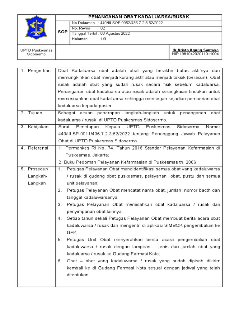 3.10.1.1 Sop Penanganan Obat Kadaluwarsa Atau Rusak 070922 | PDF