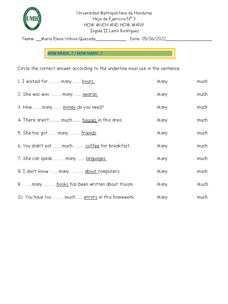 Exercise 4, How Much and How Many Ingles 2 | PDF