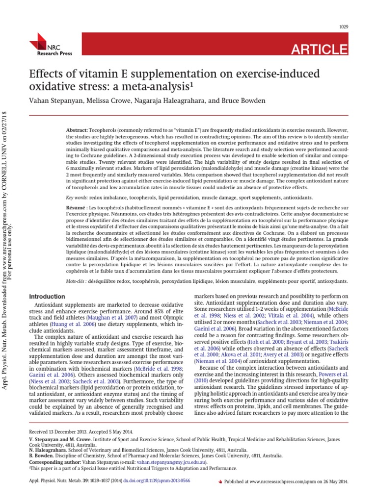 Effects of Vitamin E Supplementation On Exercise-Induced Oxidative ...