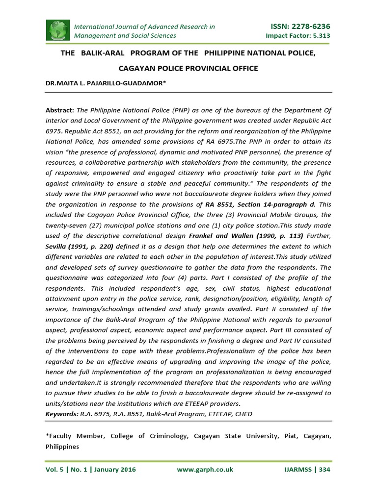 The Balik-Aral Program of The Philippine National Police, Cagayan ...