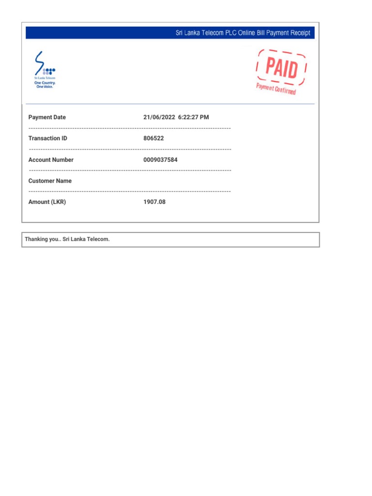 Sri Lanka Telecom PLC Online Bill Payment Receipt | PDF | Finance ...