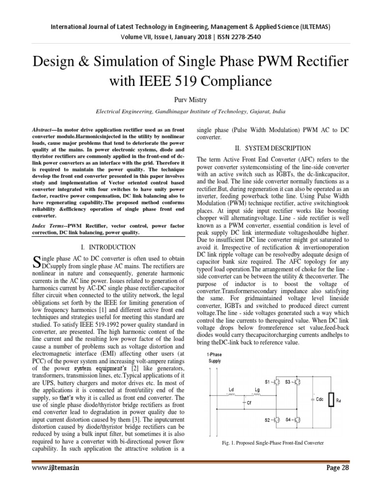 Design & Simulation of Single Phase PWM Rectifier With IEEE 519 ...