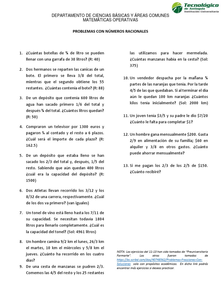 Problemas de Números Racionales Resueltos | PDF | Hogar, jardinería y bricolaje | Ciencia y ...