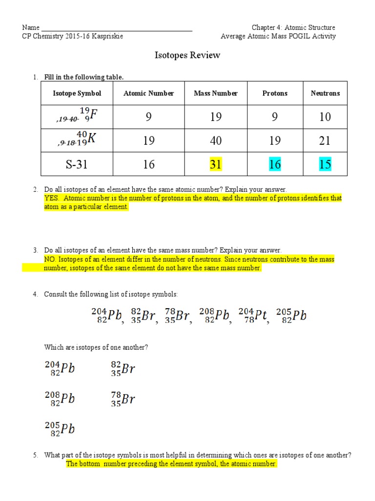 POGIL Avg Atomic Mass KEY | PDF | Chemical Elements | Isotope