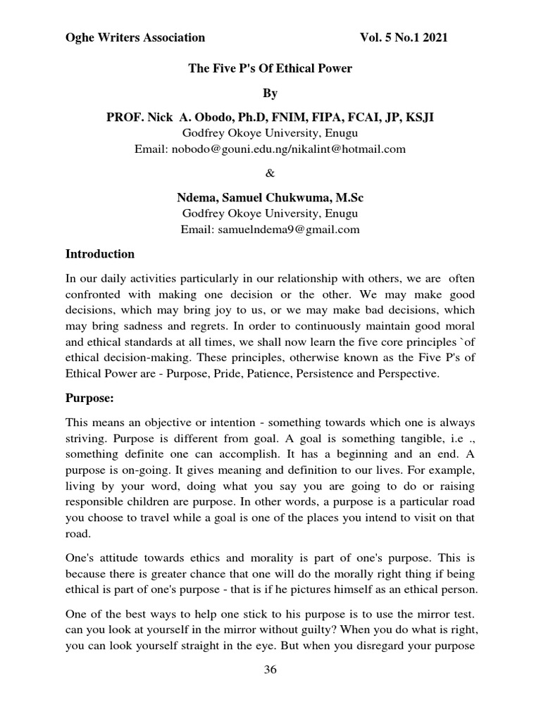 Oghe Writers The Five P's of Ethical Power | PDF | Self Esteem | Patience