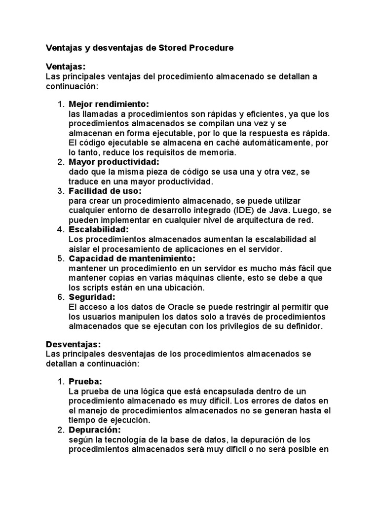 Ventajas y Desventajas de Stored Procedure | PDF | Servidor SQL de Microsoft | Bases de datos