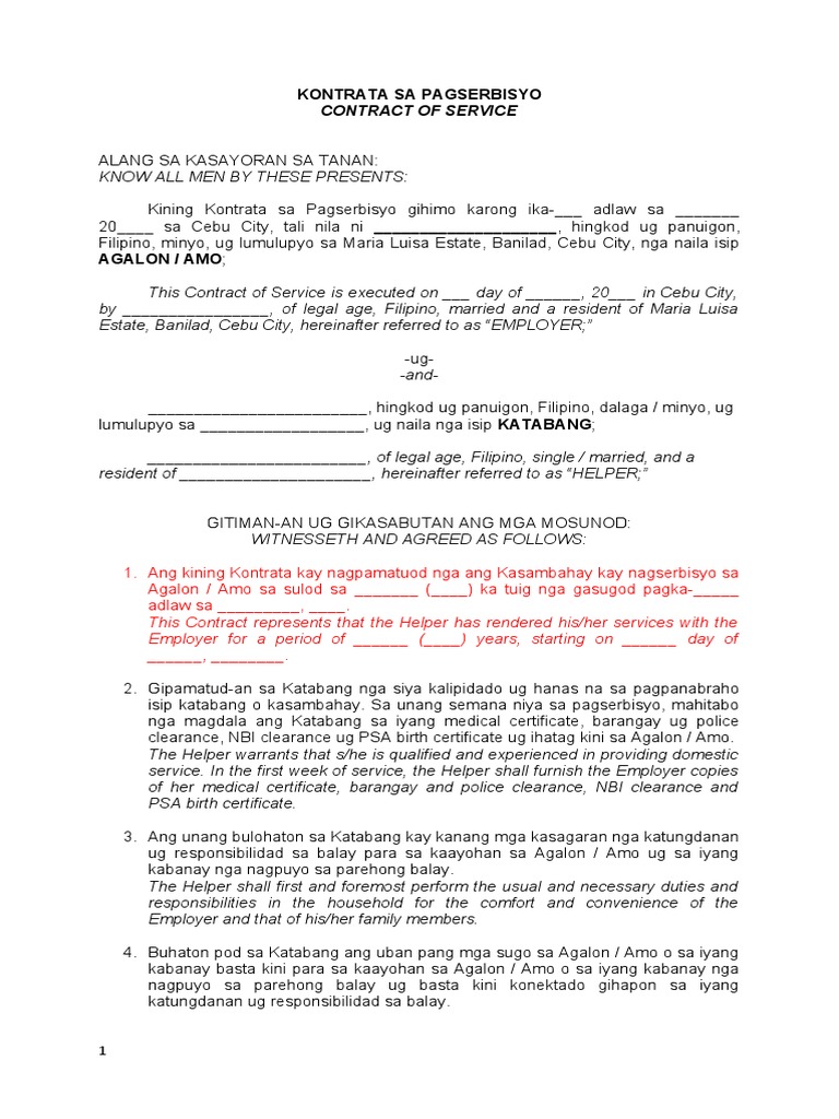 Contract For Kasambahay - For Tenured Helpers | PDF
