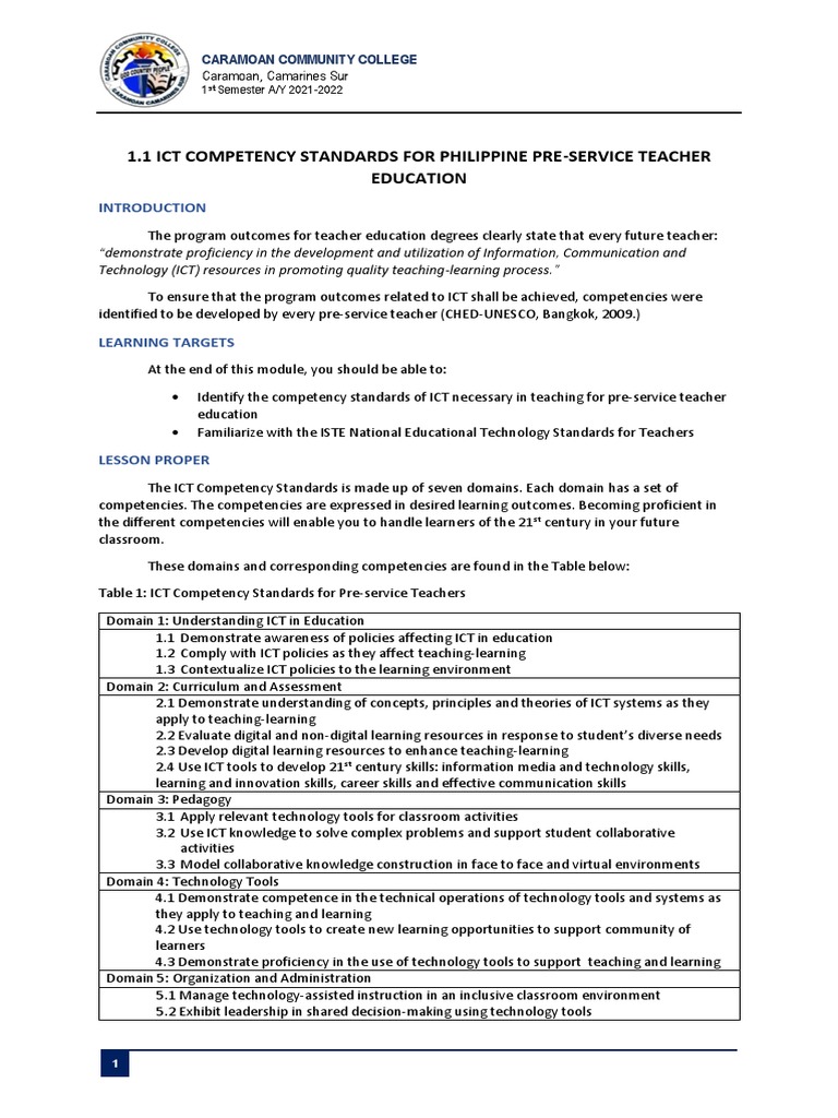 1.1 ICT Competency Standards For Philippine Pre-Service Teacher Education | PDF | Educational ...