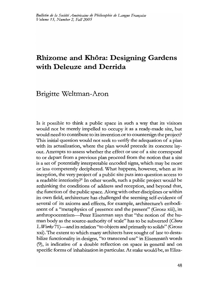 Weltman-Aron Rhizomee and Khöra Deleuze & Derrida Designing Gardens | PDF | Gilles Deleuze ...