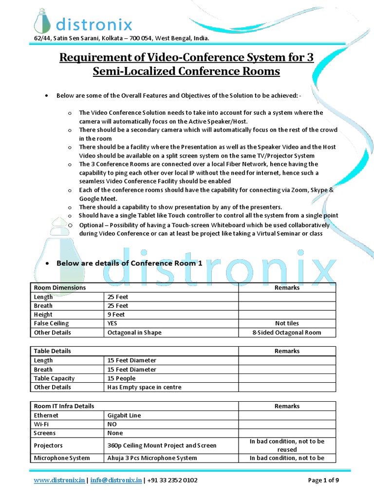 Requirement of Video-Conference System For 3 Localized Conference Rooms ...